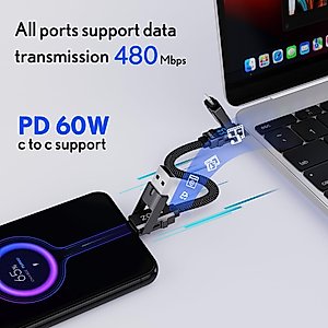 pzoz Multi Charging Cable Keychain Charger Cable with LED Display, 4-in-1 Multi USB C Fast Charging Combo Lightning/Type C/USB A/USBC for iPhone iPad MacBook AirPods Samsung Google (60W, 7.3 inchs)