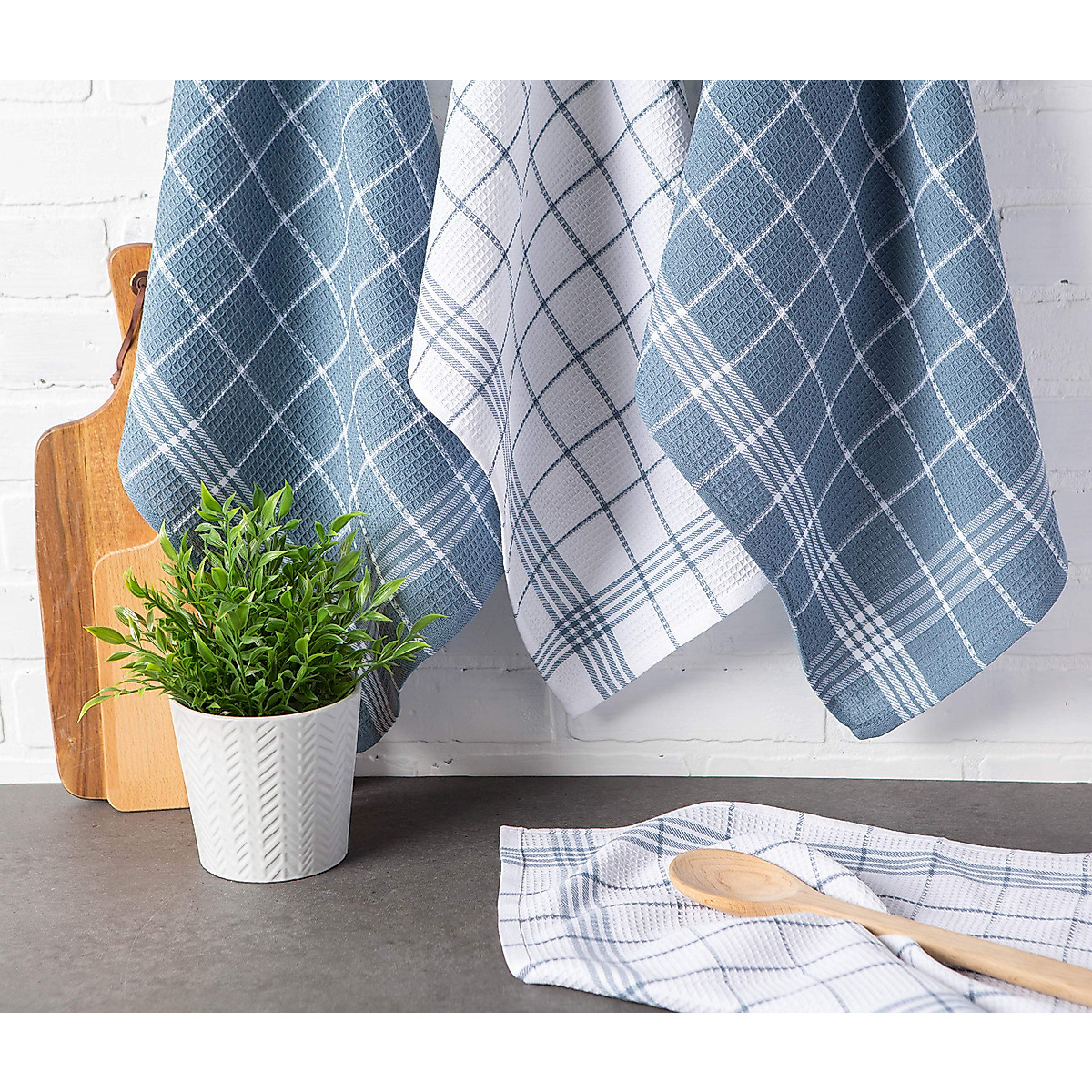 DII Waffle Weave Kitchen Collection, 100% Cotton, Kitchen Set, Blue 8 Piece