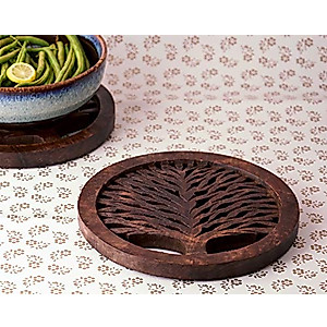 Set of 2 Wooden Trivets for Hot Dishes Pots and Pans Tea Pot Holders Nonslip Heat Resistant Kitchen Counter Accessories for Table Countertops (TRWAL) 8" Diameter Tree of Life Design