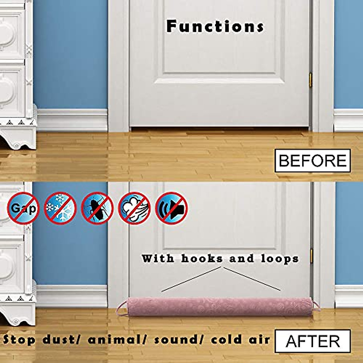 Weighted Door Draft Stopper 36 Inch, Pink Door Draft Noise Sound Blocker Snake Door Sweep with Loop and Weather Stripping Removable, Heavy Duty Draft Guard Windproof for Doors Windows