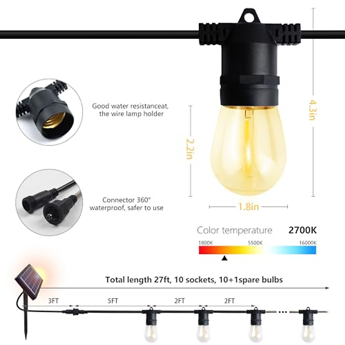 Guntsous Solar String Lights Outdoor: 29FT (11+18) Solar Powered Outside IP65 Waterproof Hanging Warm White Led 10*S14 Edison Bulbs for Patio Garden Pool Yard Porch Gazebo Decorations