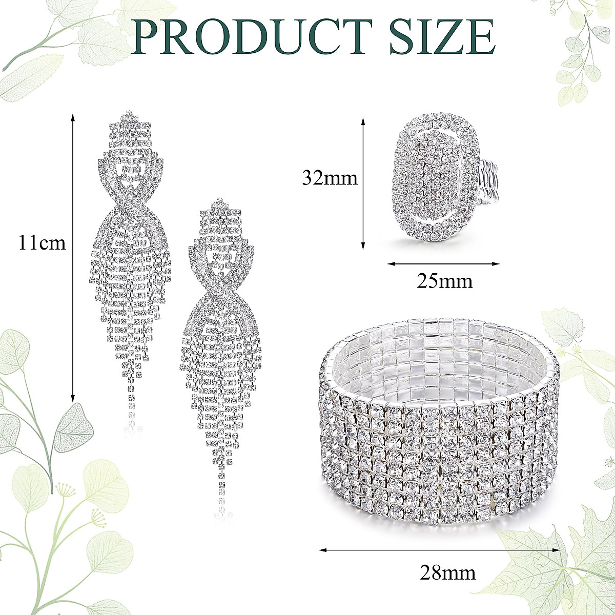 Sllaiss Rhinestone Bridal Jewelry Set for Women Sparkling Rhinestone Stretch Bracelet Ring Dangle Tassel Earrings Set Costume Jewelry (Set 01)