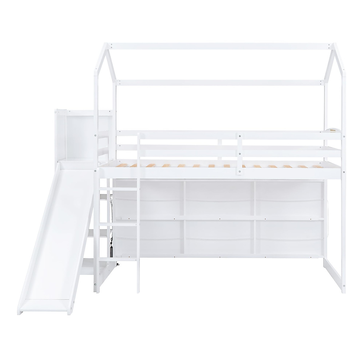 Favfurish Twin Size House Loft Bed with Slide, Storage Shelves and Light, Wood Kids Bed Frame with Guardrail and Ladder,Climbing Ramp,for Teens Boys Girls Bedroom, White