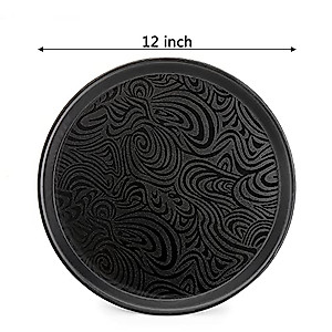 Hacaroa 4 Pack Round Restaurant Serving Trays, 12 Inch Plastic Food Service Trays Non-Skid Food Platter for Cafeteria, Bar, Coffee Shop, Hotel, Tailed Lines, Black