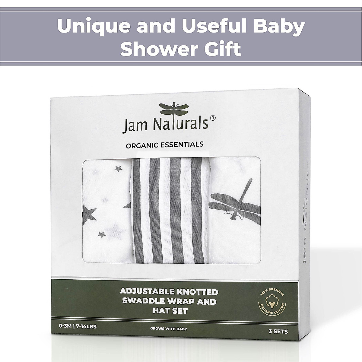 Jam Naturals- Organic Knotted Tie Bottom Adjustable Velcro Swaddle and Hat Set of 3, Newborn Sleep Sack (0-3m, 7-14lbs Grey)