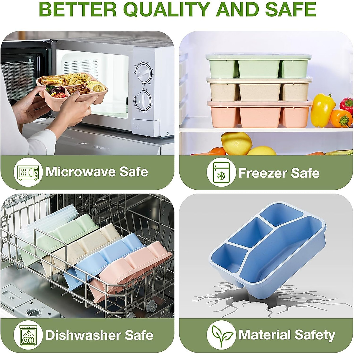 Qipecedm 4 Pack Bento Lunch Box, 4 Compartment Wheat Straw Meal Prep Containers for Kids/Toddle/Adults, BPA Free Reusable Food Snack Storage Containers, Durable Bento Box for School, Work and Travel