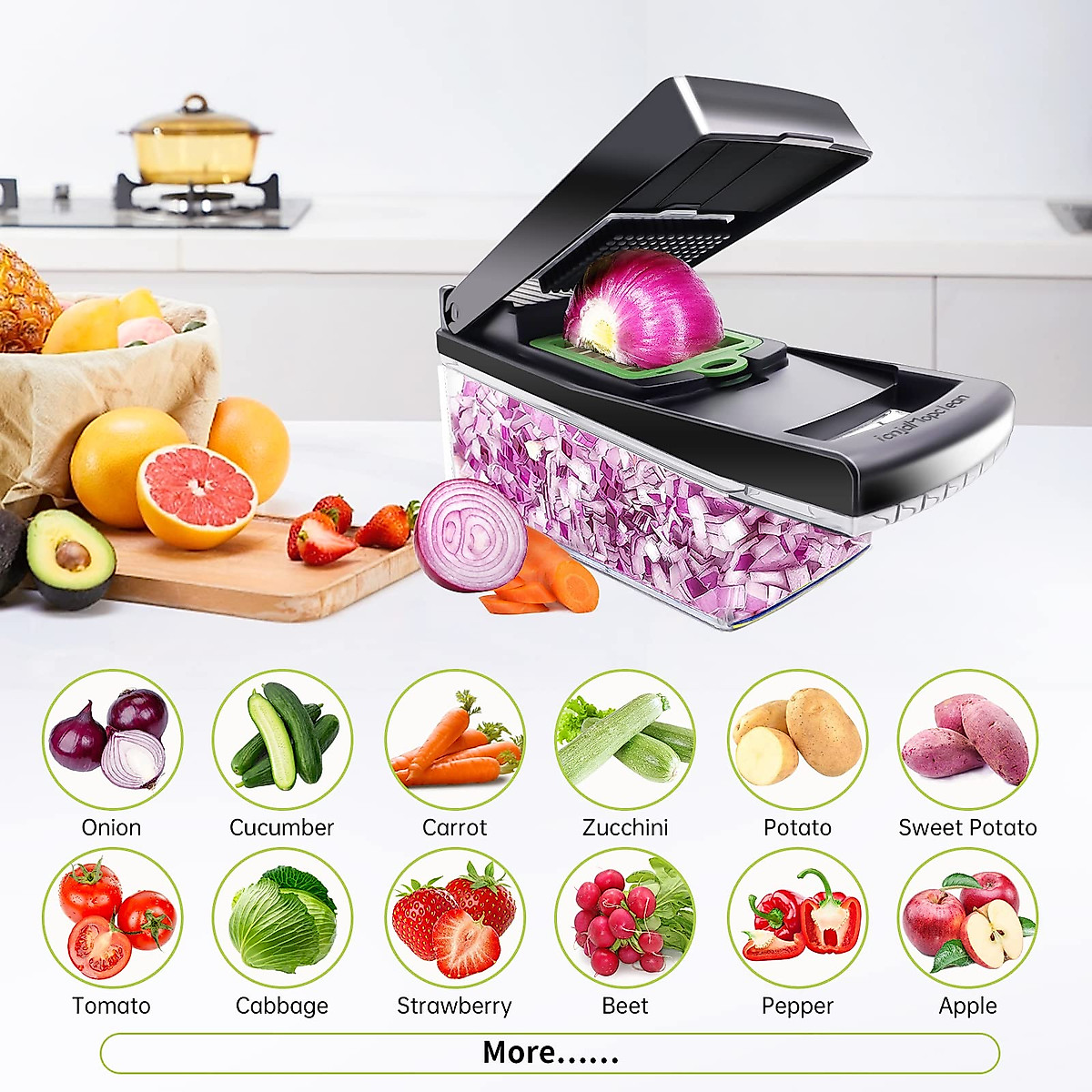 Vegetable Chopper, Multifunctional 12 in 1 Food Chopper Veggie Chopper Onion Chopper Vegetable Slicer Mandolin Slicer for Kitchen Vegetable Chopper with Container 8 Blades Garlic Chopper Slicer