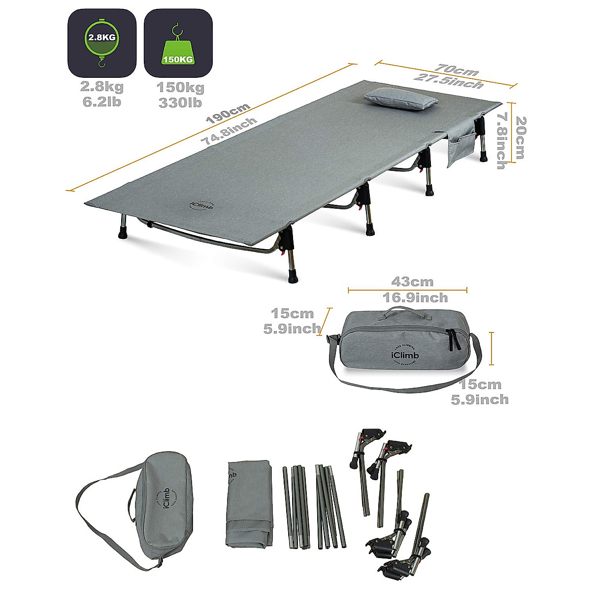 iClimb Super Easy Assemble Folding Cot Ultralight Compact Heavy Duty with Carry Bag for Adults Camping Backpacking (Grey)