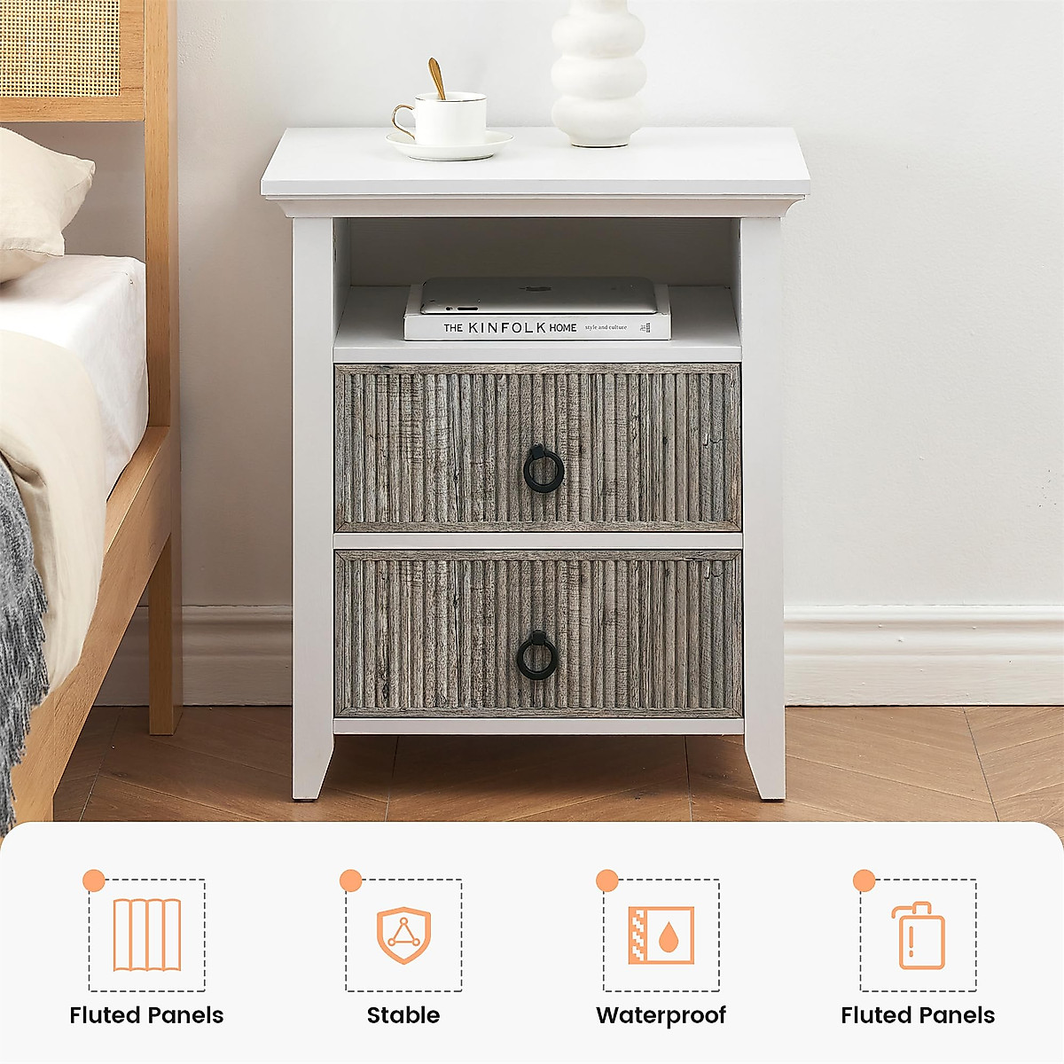 IDEALHOUSE Nightstand Set of 2, Nightstand with 2 Drawers, Open Shelf and Ripple Pattern, Nightstand for Bedroom Living Room Small Space, Fluted Night Stand Easy Assembly, Grey