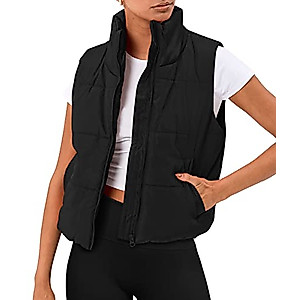 AUTOMET Puffer Vest Women Sleeveless Winter Cropped Outerwear Warm Puffer Lightweight Stand-up Collar Down with Pockets