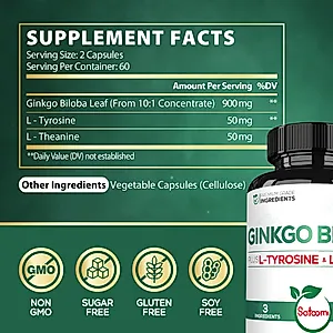 1000mg Ginkgo Biloba Supplements with L-Tyrosine, L-Theanine - 120 Capsules for 2-Month Supply - Support Focus, Mermory Function, Brain Health & Vision Quality