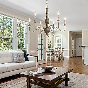 GEPOW 6-Light French Country Chandelier, Handmade Real Wood Farmhouse Chandelier, Distressed Finish Light Fixture for Dining Room, Living Room, Bedroom, Kitchen, Stairway