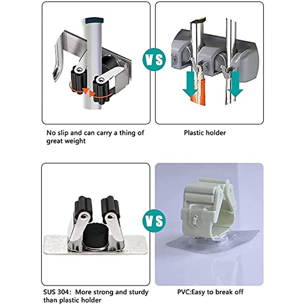 Zollyss Broom Mop Holder Wall Mount Stainless Steel Wall Mounted Storage Organizer Heavy Duty Tools Hanger with 5 Racks 4 Hooks for Kitchen Bathroom Closet Garage Office Garden-1Pc