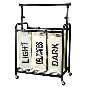 Oceanstar 3-Bag Rolling Laundry Sorter with Adjustable Hanging Bar, White