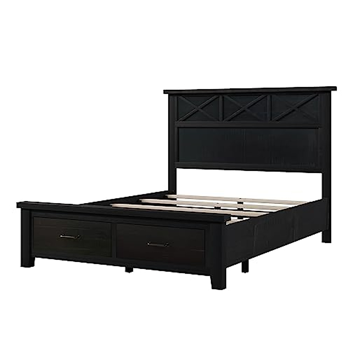 Queen Size Platform Bed, Wood Platform Beds with Two Storage Drawers & Headboard Rustic Farmhouse Style Wood Bed Frame Queen for Bed Room, No Box Spring Needed (Black)