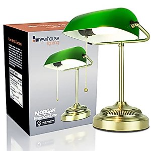 Newhouse Lighting Morgan Antique Green and Brass Glass and Metal Adjustable Energy-Efficient LED Classic Banker Lamp with 1 Free 3.5-Watt LED Bulb Included