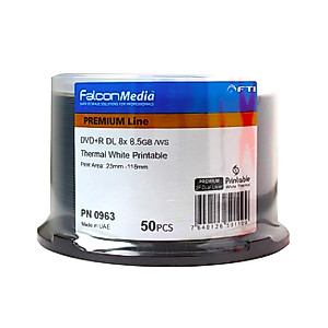 Falcon Media 50-Pack Premium Line DVD+R Dual Layer Discs with White Thermal Printable Surface, 8X Recording Speed, and 8.5 GB of Data in Cakebox Packaging