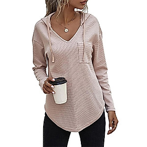 morhuduck Women's V Neck Hoodies Long Sleeve Sweatshirt Drawstring Pullover Tops with Pocket (Apricot M)