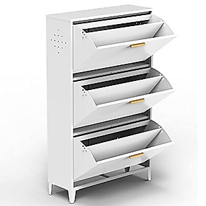 Metal Shoe Cabinet with 3 Flip Drawers, Wall Mounted & Upright Narrow Shoe Storage Organizer with Adjustable Shelf, Modern White Free Standing Shoe Cabinet for Entryway, Hallway, Holds 20 Pair Shoes