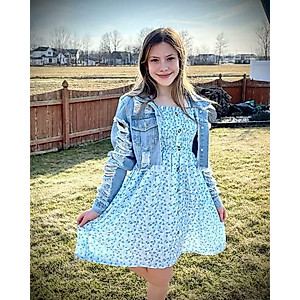 Arshiner Girls Summer Dresses Casual Floral Button Swing Midi Dress Light Blue Floral Litter Girls