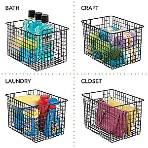mDesign Metal Wire Food Storage Basket Organizer with Handles for Organizing Kitchen Cabinets, Pantry Shelf, Bathroom, Laundry Room, Closets, Garage - Concerto Collection - 2 Pack - Black