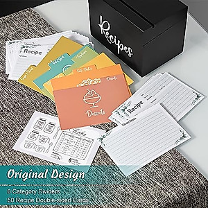 DRASTAR Recipe Box, Wooden Recipe Organizer, Recipe Holder Box with 50 Recipe Cards 4"x6" & 6 Dividers, Recipe Book to Write in Your Own Recipes