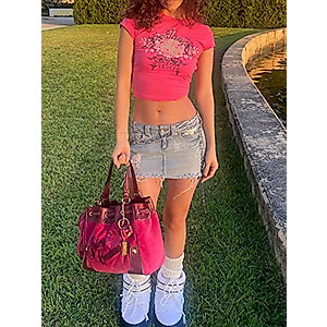 Y2K Crop Tops for Woman Short Sleeve Crew Neck Baby Tees Vintage Acanthus Print T-Shirt A Pink