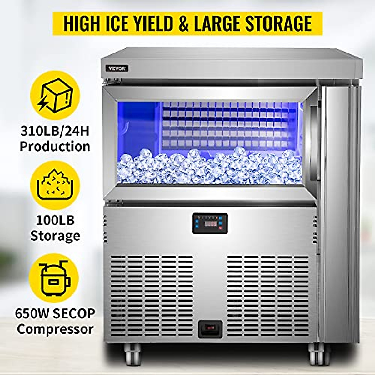 VEVOR 110V Commercial Ice Maker Machine, 300LBS/24H Stainless Steel Under Counter Ice Machine with 100LB Storage, 108PCS Clear Cube, Auto Operation, Include Water Filter, 2 Scoops, Connection Hose