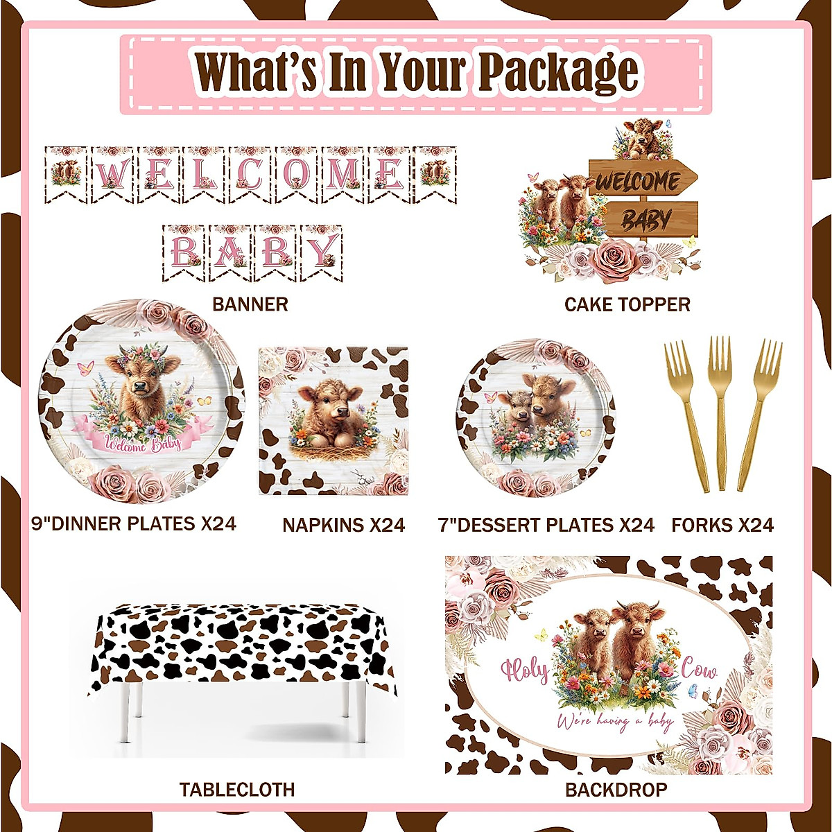 Hombae Highland Cow Baby Shower Decorations, Baby Shower Decorations for Girls, Holy Cow Baby Shower Supplies, Highland Cow Theme Backdrop Balloon Banner Tablecloth Cake Topper Plates Napkins Forks