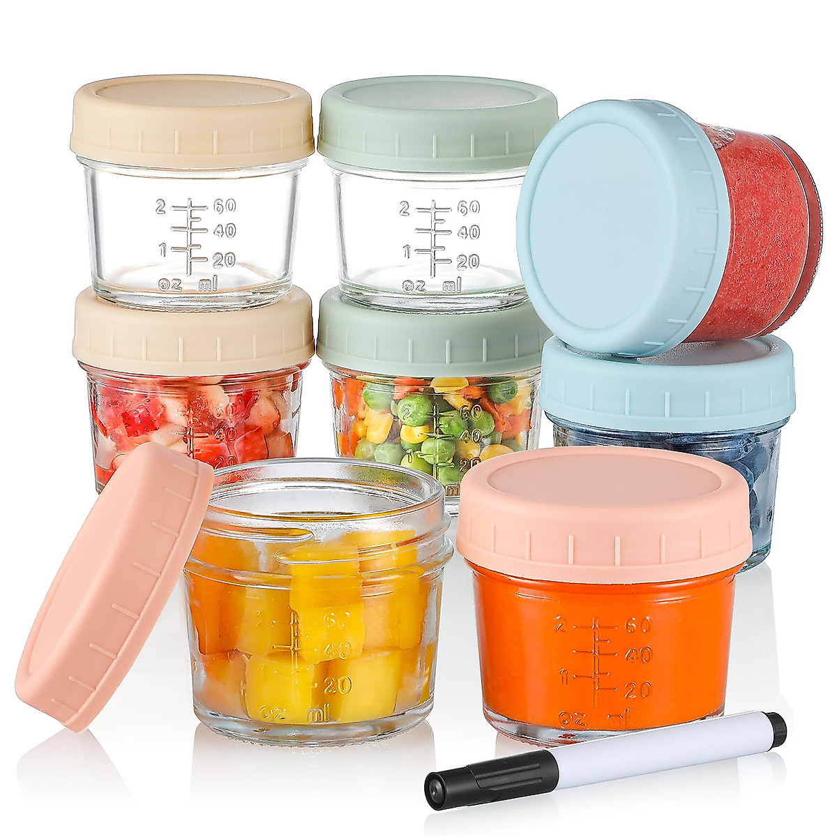 VITEVER 8 Pack Glass Baby Food Storage Containers, 4 oz Baby Food Jars with Plastic Lids, Small Baby Food Maker, Reusable Infant Freezer Container, Microwave, Dishwasher & Freezer Safe, BPA Free