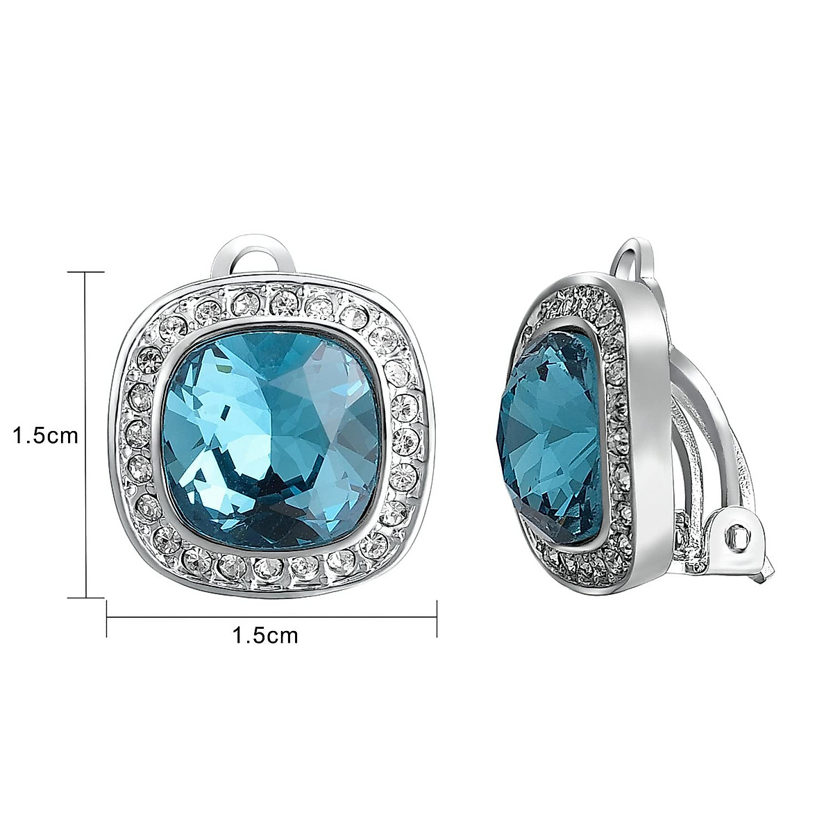 Yoursfs Blue Clip On Eearrings For Women Platinum Plated 4ct Square Crystal Halo CZ Bridal Wedding Earring