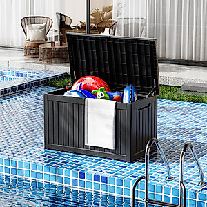 DRATO 230 Gallon Deck Box, Waterproof Resin Large Outdoor Storgae Box for Patio Furniture, Patio Cushions, Gardening Tools, Pool and Sports Supplies, Lockable (Black)