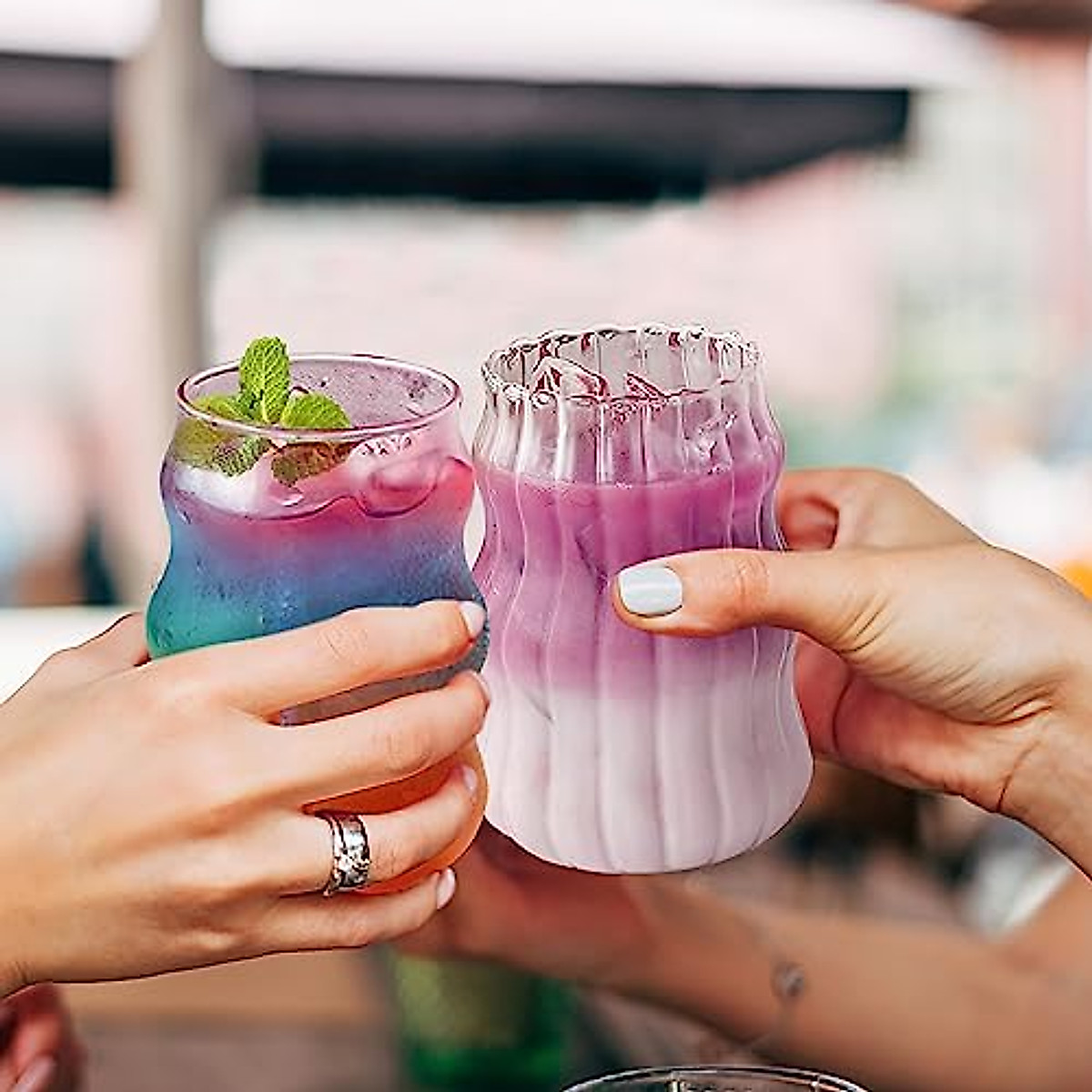 URMAGIC 2 Pcs Creative Glass Cups,18 Oz Vintage Drinking Glasses,Wave Shape Glass Cups,Bubble Glasses,Bubble Cups,Iced Coffee Glasses,Cute Glass Cup,Aesthetic Cups,Milk Cups,Ribbed Beverage Cups