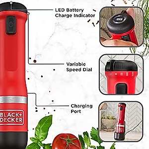 BLACK+DECKER Kitchen Wand Cordless Immersion Blender, 3 in 1 Multi Tool Set, Hand Blender with Charging Dock, Whisk, and Chopper, Red (BCKM1013K06)