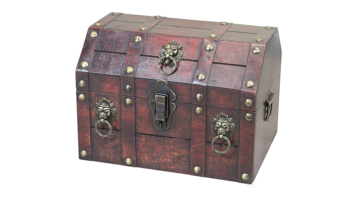 Antique Wooden Pirate Chest with Lion Rings - Unique Nautical Decor
