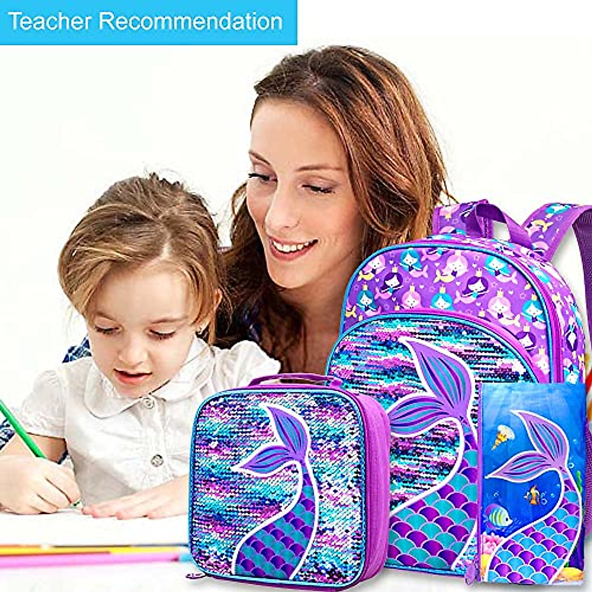 gxtvo 3PCS Mermaid Backpack for Girls, 16" Sequin Prechool Elementary Bookbag and Lunch Box