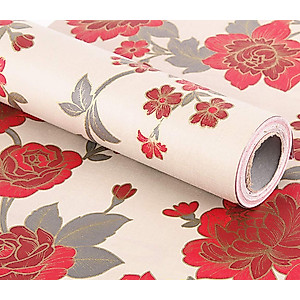 Red Floral Decorative Adhesive Paper Shelf Liner Peel and Stick Wallpaper for Kitchen Cabinets Drawers Countertops 17.7inch by 100inch (Red)