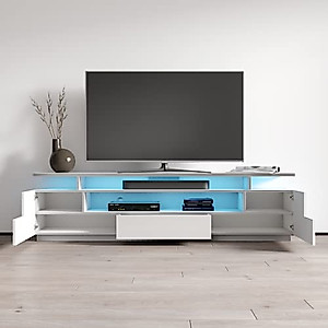 MEBLE FURNITURE & RUGS Eva 77" Modern High Gloss TV Stand with 16 Color LEDs (White)