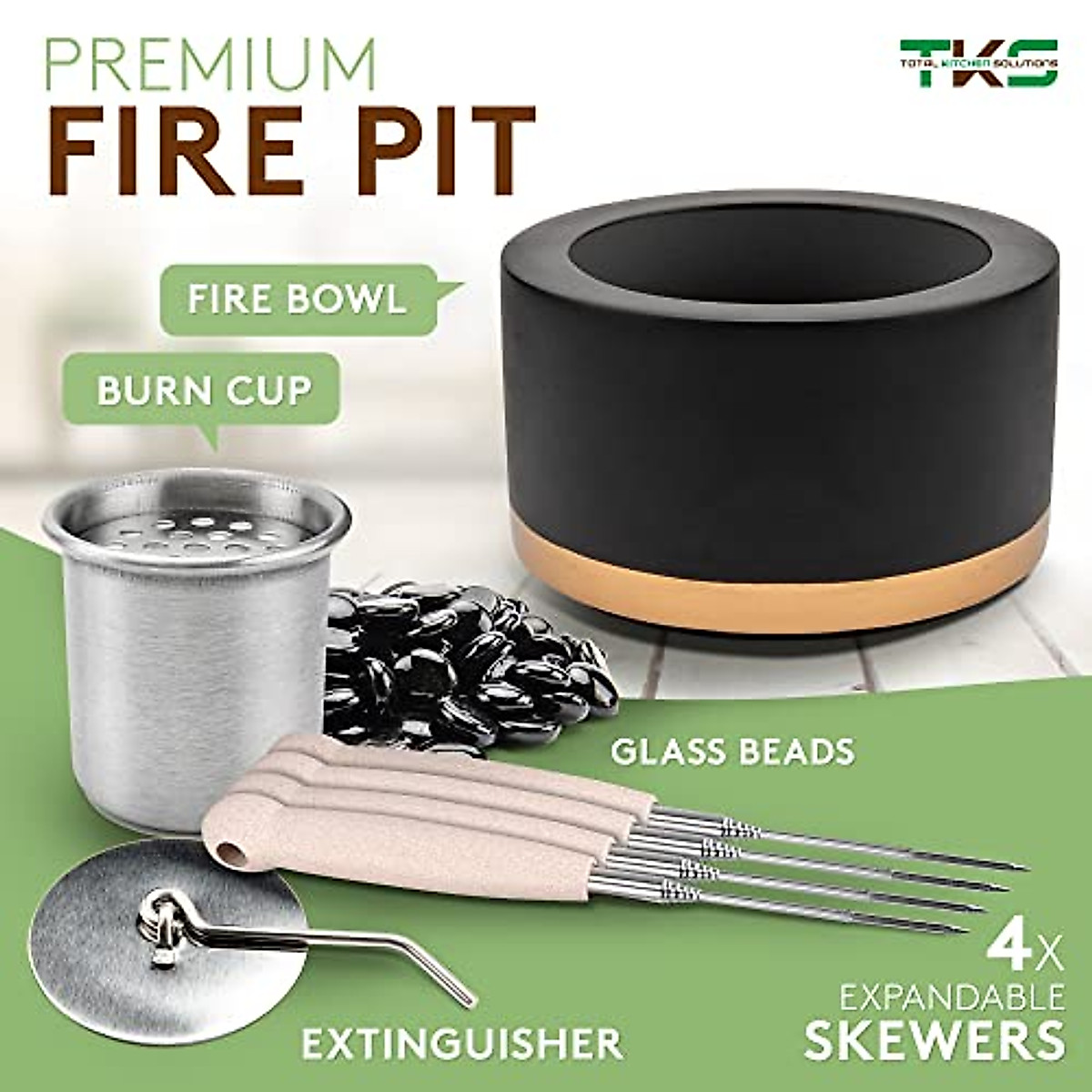 TKS Tabletop Fire Pit Indoor and Outdoor Use Fireplace with 4 Skewers Mini Personal Fire Pit Great for Roasting Marshmallows (Black/Gold)