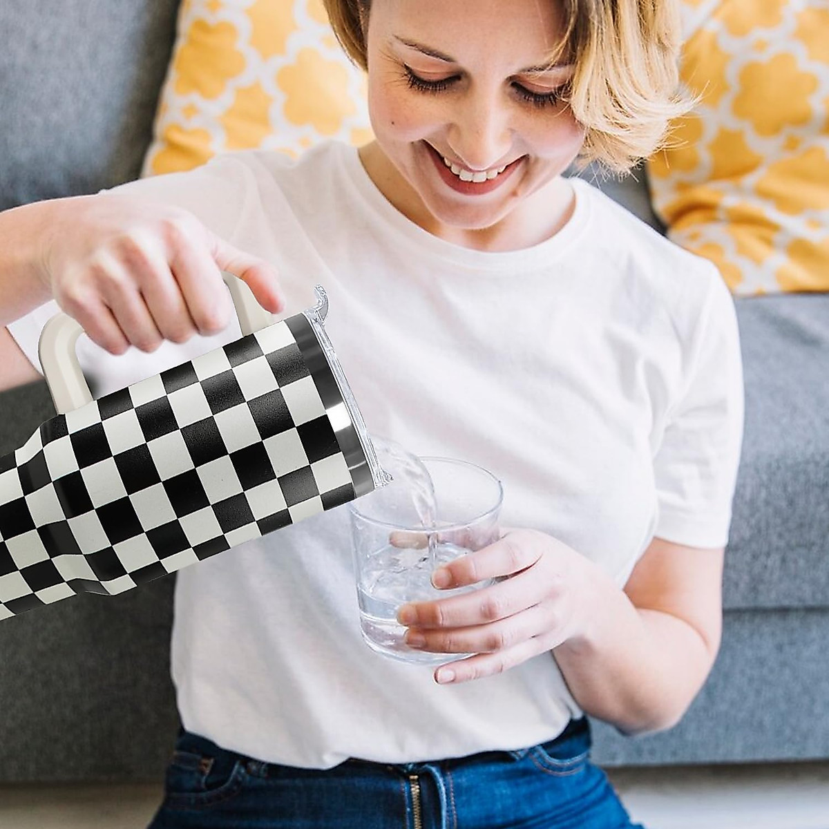 30 Oz Checkered Tumbler with Handle Lid and Straw, Checkered Tumbler Water Bottle Travel Coffee Cup Mug,Checkered Gifts for Women Men