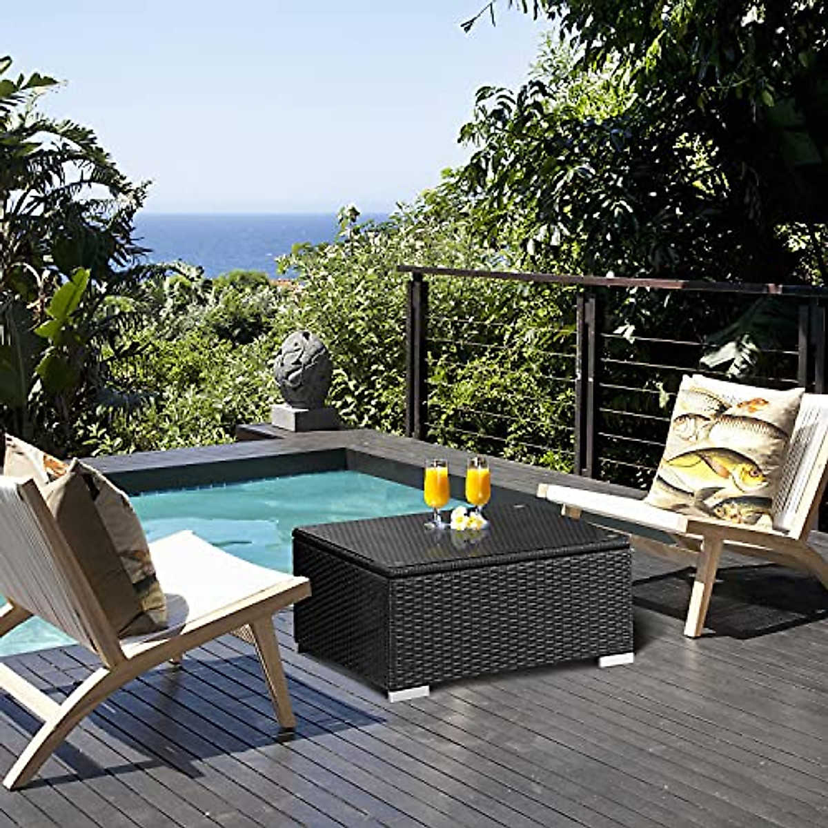 Betterland Patio Furniture Rattan Square Outdoor Coffee Tables, All-Weather Wicker Coffee Table with Tempered Glass Top for Living Room, Backyard, Balcony, Poolside, Garden (Black Brown)