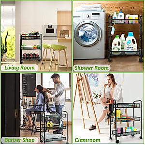 3 Tier All-Metal Rolling Cart, Trolley Craft Cart with Locking Wheels, Easy-Carry and Assembly Mesh Trolley Cart with 1 Small Baskets and 4 Hooks for Bathroom Kitchen Office Balcony Living Room