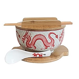 XWORLD Japanese Ceramic Ramen Noodle Bowls Set with Ceramic Spoon, Bamboo Chopsticks, Lid & Trivet, Serving Capacity of 33.8 OZ, Microwavable Oven Safety (3.3” x 6.6” D) (Red Dragon)