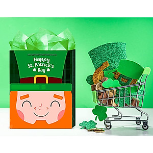 SICOHOME St Patricks Day Gift Bag 11.5"x 9" Green Buffalo Plaid Gift Bags with Tissue Paper, Happy St.Patricks Gift Wrapping Bags for Kids Classroom Party Favor Supplies