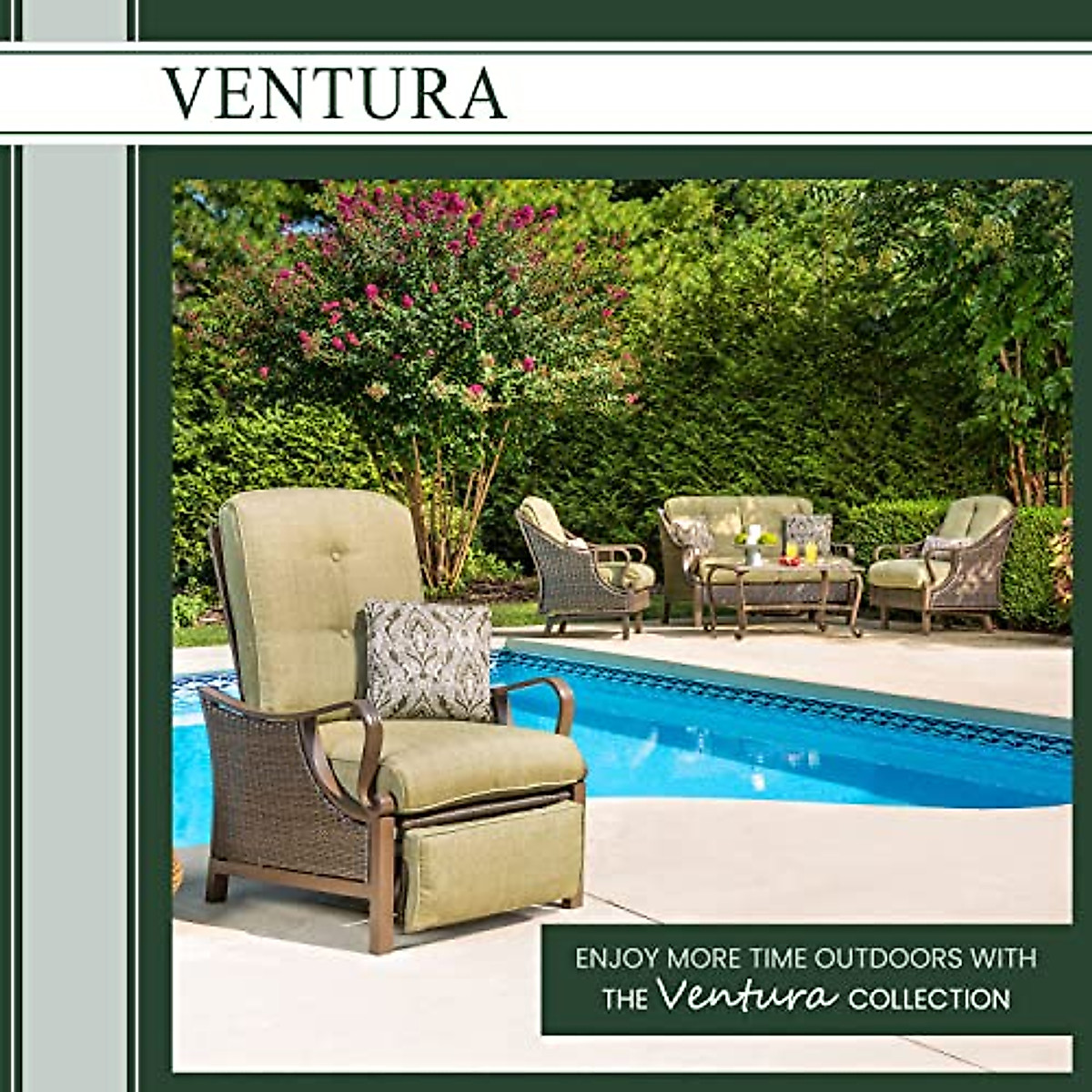 Hanover Ventura Steel Outdoor Patio Woven Luxury Recliner with Brown Wicker, Vintage Meadow Green Cushions and Pillow
