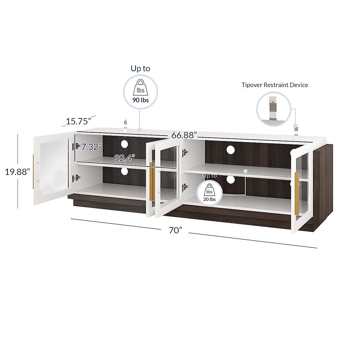 BELLEZE 70" TV Stand for TVs up to 75", Modern TV Cabinet & Entertainment Center with Shelves, Wood Storage Cabinet for Living Room or Bedroom - Brixston (White)