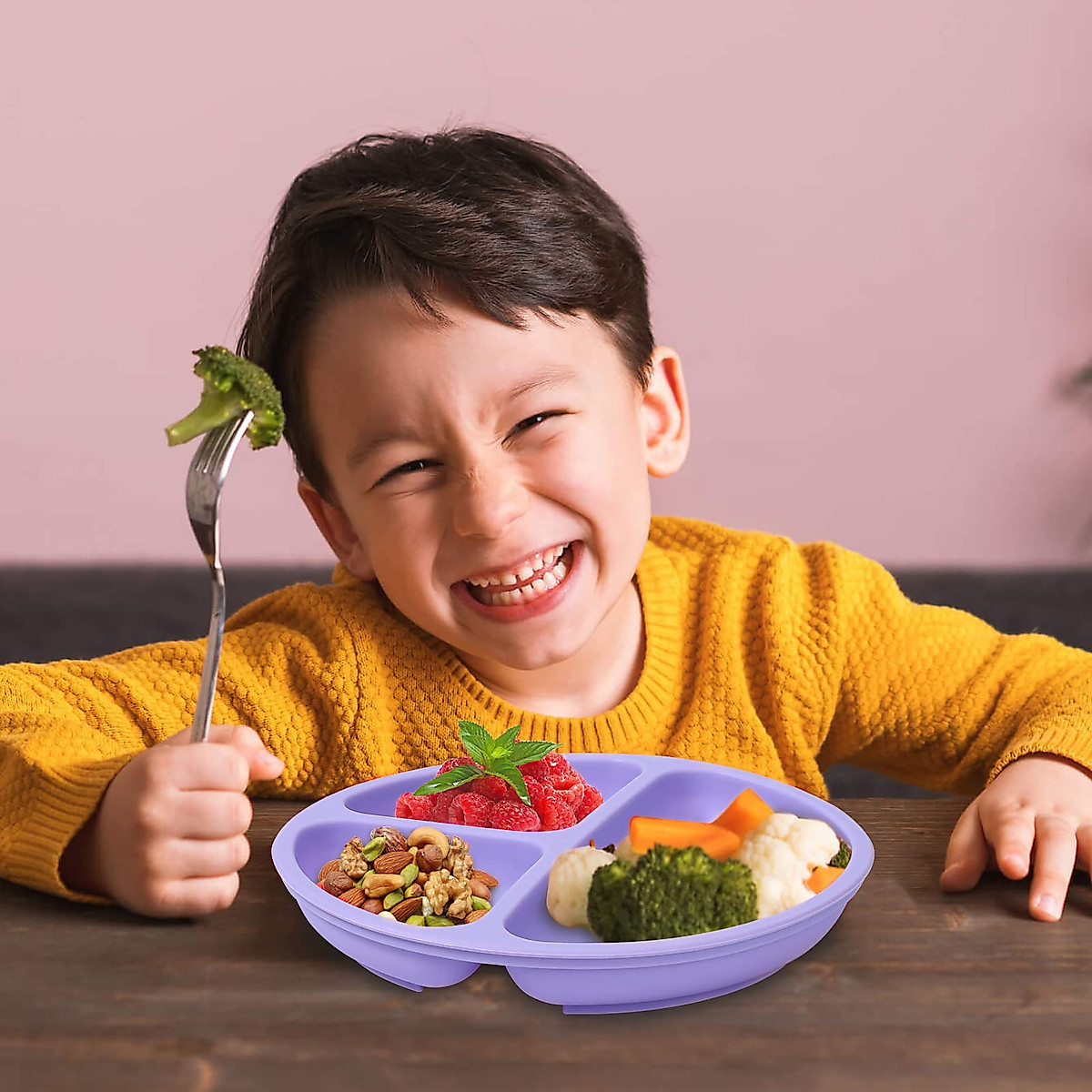 Cibeat Toddler Plates 3 Pack, 100% Silicone Suction Plates for Babies and Toddlers, Microwave and Dishwasher Safe, BPA Free, Divided Design, Pink & Yellow & Purple
