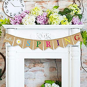 Hello Spring Banner Burlap - Rustic Spring Banner Garland - Spring Decorations - Indoor Outdoor Mantel Fireplace Hanging Decor