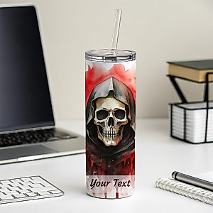 Personalized Custom Name Text Death Grim Reaper Black Red Shades Watercolor Skinny Tumbler 20oz with Straw Insulated Water Bottle Gift - 1 Line Horizontal