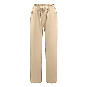 Capri Pants for Women Casual 2023 Summer Drawstring Elastic High Waist Linen Pant Straight Wide Leg Cropped Trouser Women Casual Pants Khaki 2X